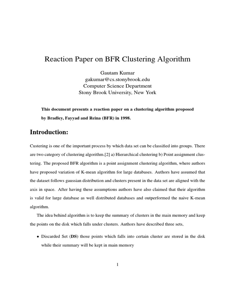 Reaction Paper On BFR Clustering Algorithm | PDF | Cluster Analysis ...