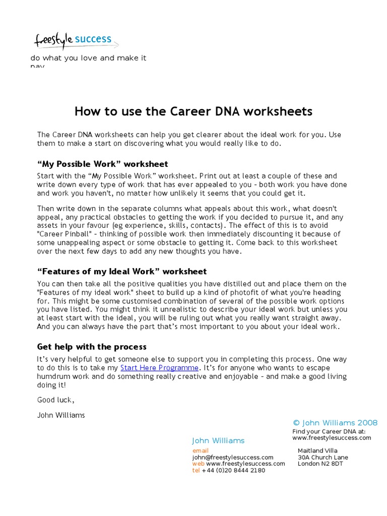 How To Use The Career DNA Worksheets: "My Possible Work" Worksheet | PDF