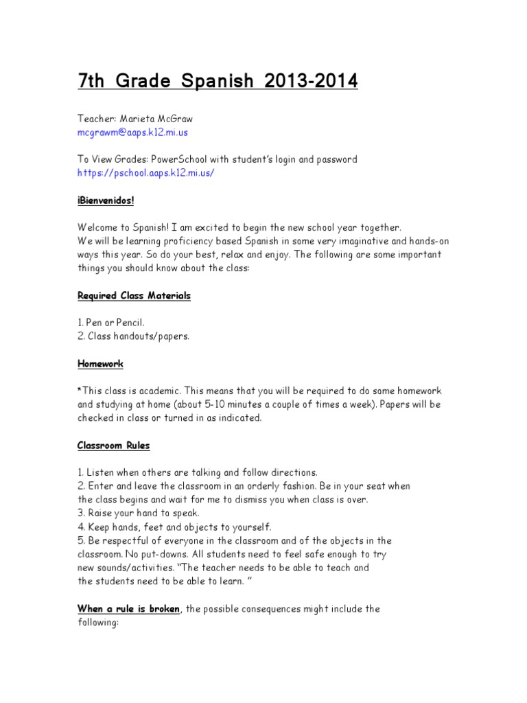 7th Grade Spanish Class Overview 2013-2014 | PDF | Career & Growth ...