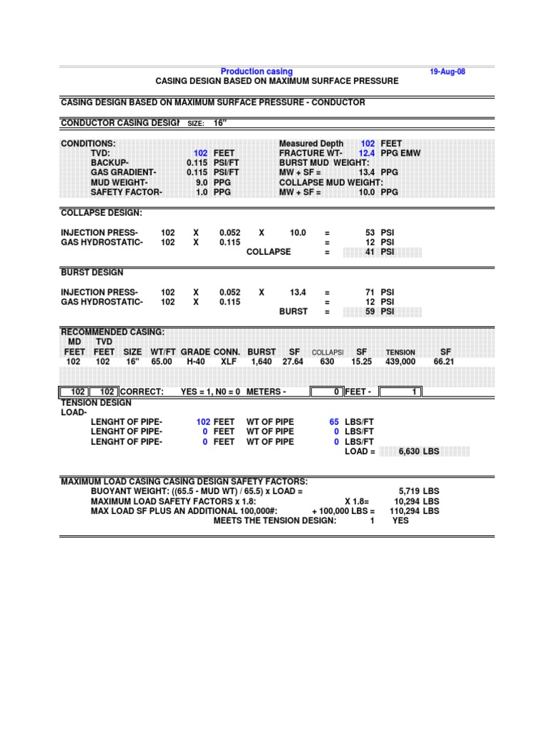 Casing Calculations Xls Casing Borehole Pressure