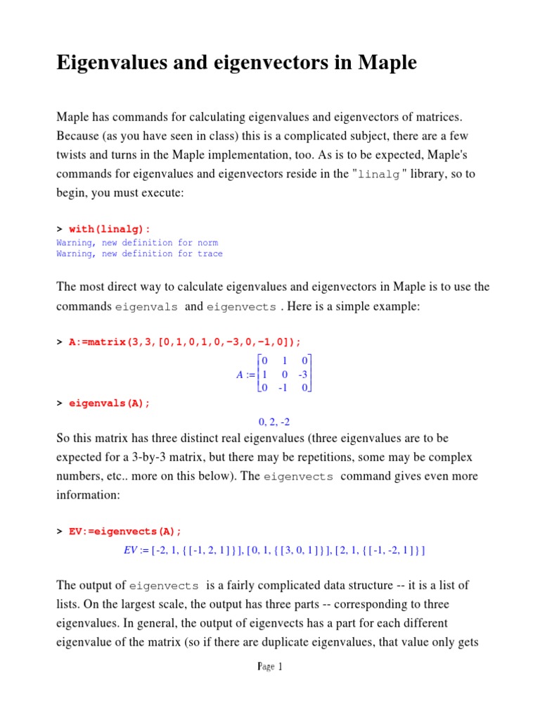 Eigenvalues and Eigenvectors in Maple: With (Linalg) | PDF | Eigenvalues And Eigenvectors ...