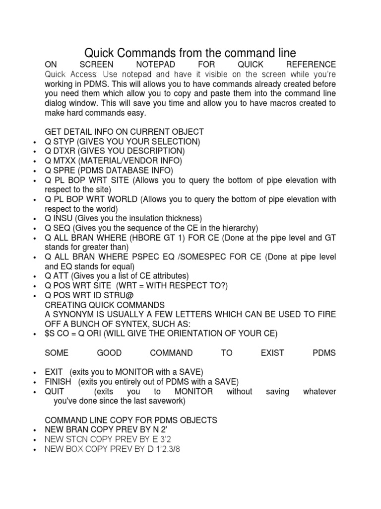 Pdms Quick Commands From The Command Line Pdf Computing Software