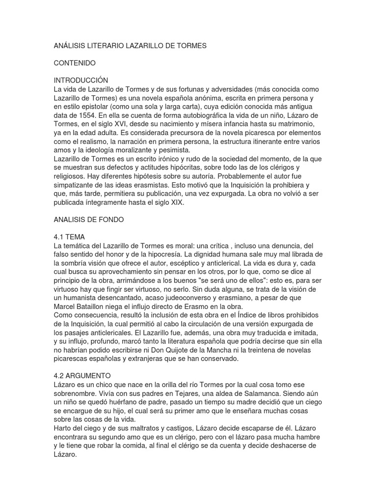 Análisis Literario Lazarillo de Tormes | PDF