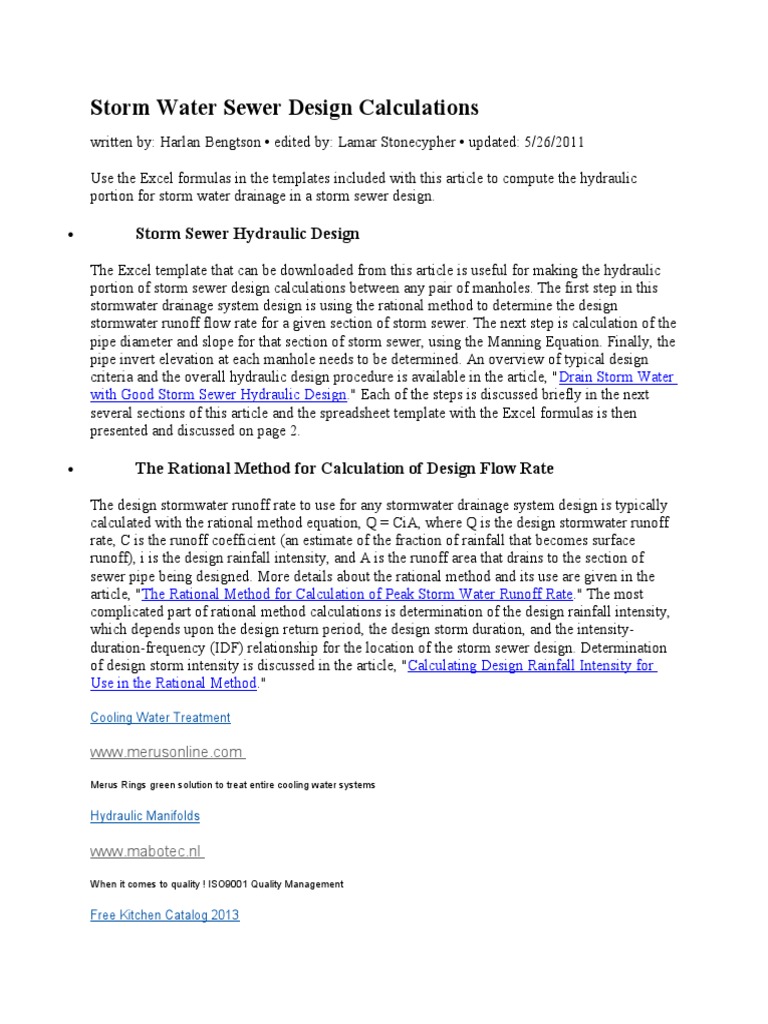 Storm Water Sewer Design Calculations | PDF | Storm Drain | Stormwater