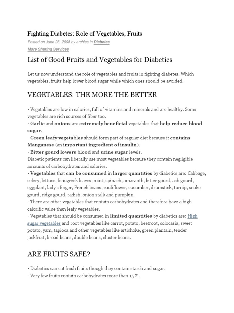 Fighting Diabetes-Ole of Furits and Vegetables | PDF | Vegetables ...