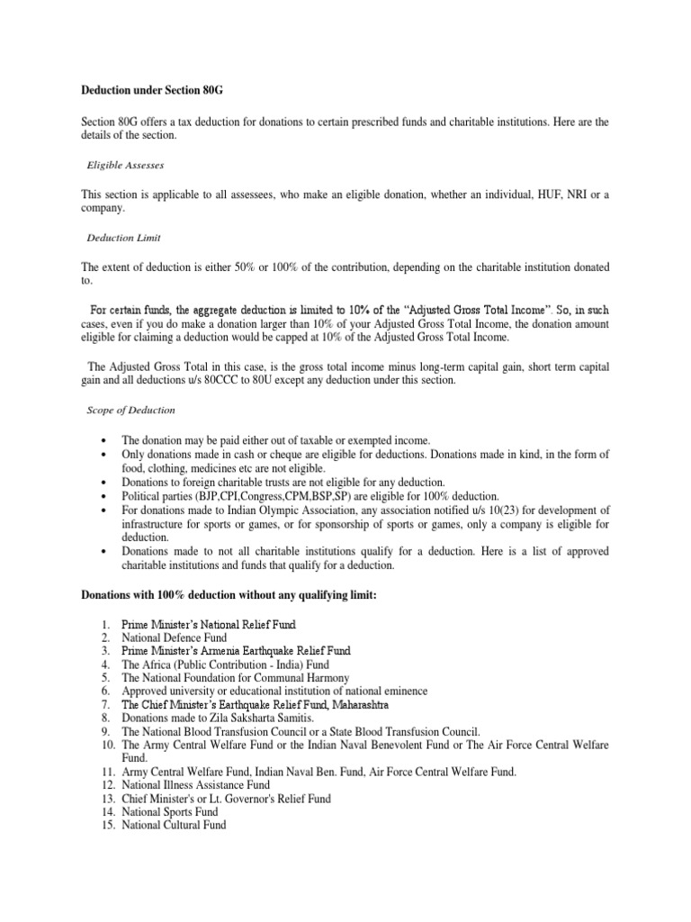 Deduction Under Section 80G | PDF | Tax Deduction | Charitable Organization