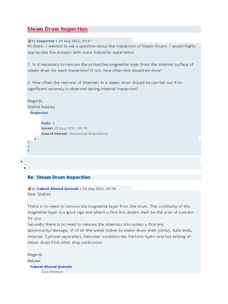 Steam Drum Inspection | PDF | Mechanical Engineering | Applied And ...