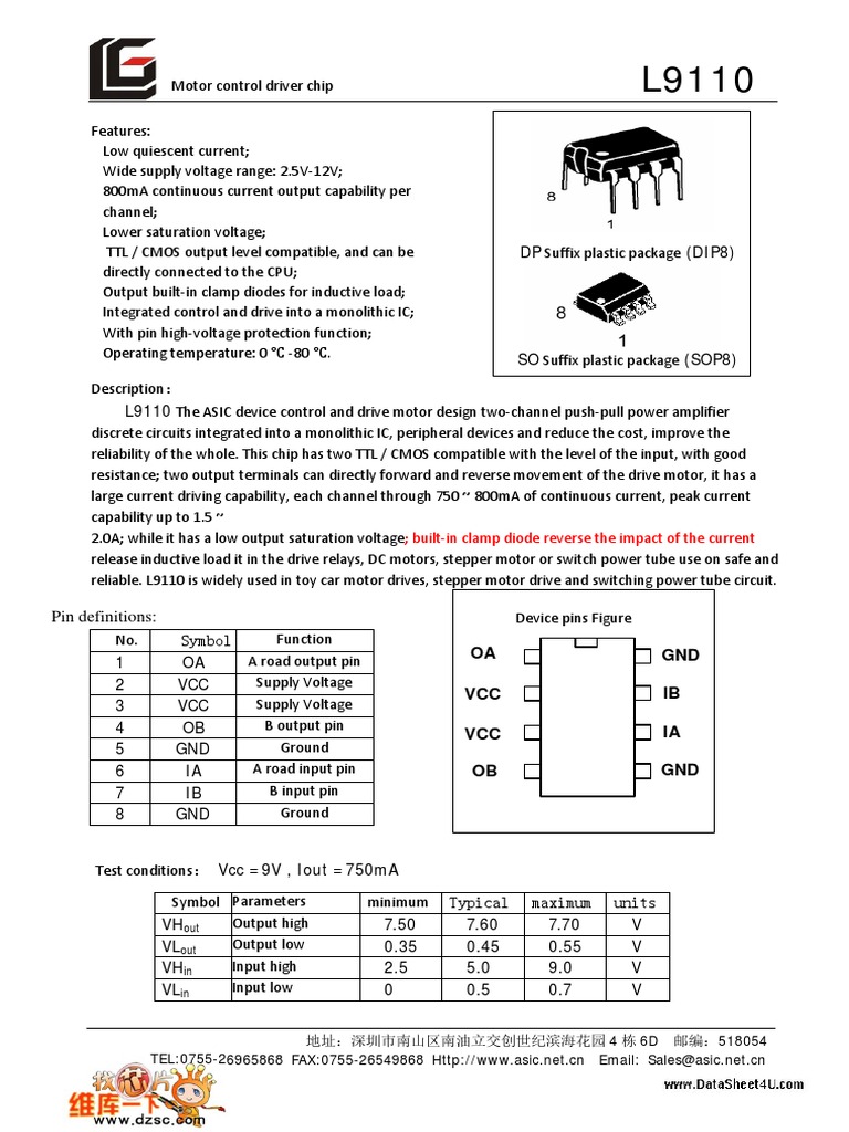 Datasheet l9110 | PDF | Electric Motor | Integrated Circuit