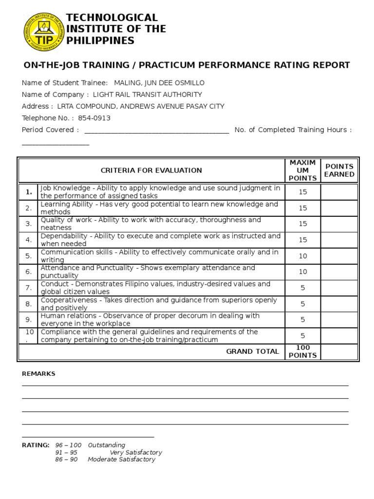 Ojt Practicum Performance Rating Report | PDF | Change | Cognition