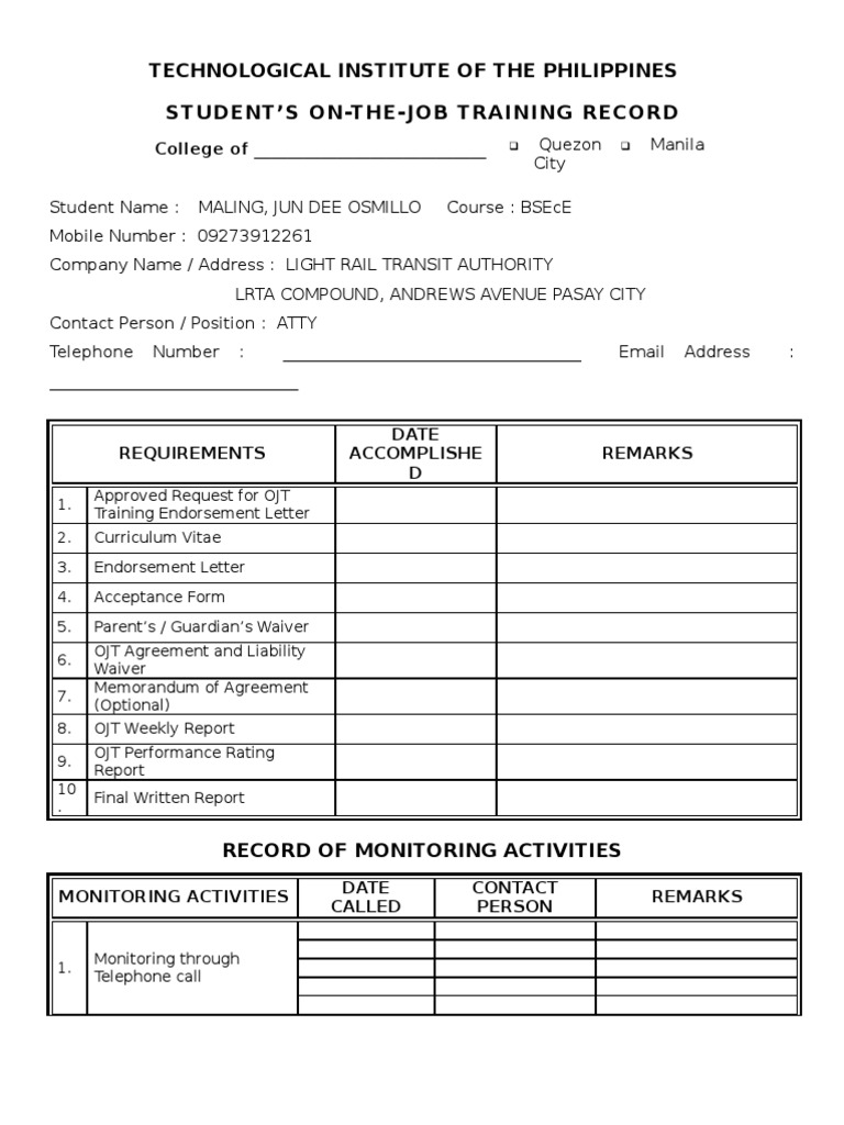 Prac Coordinator - Student's Ojt Record | Transport | Business | Free ...