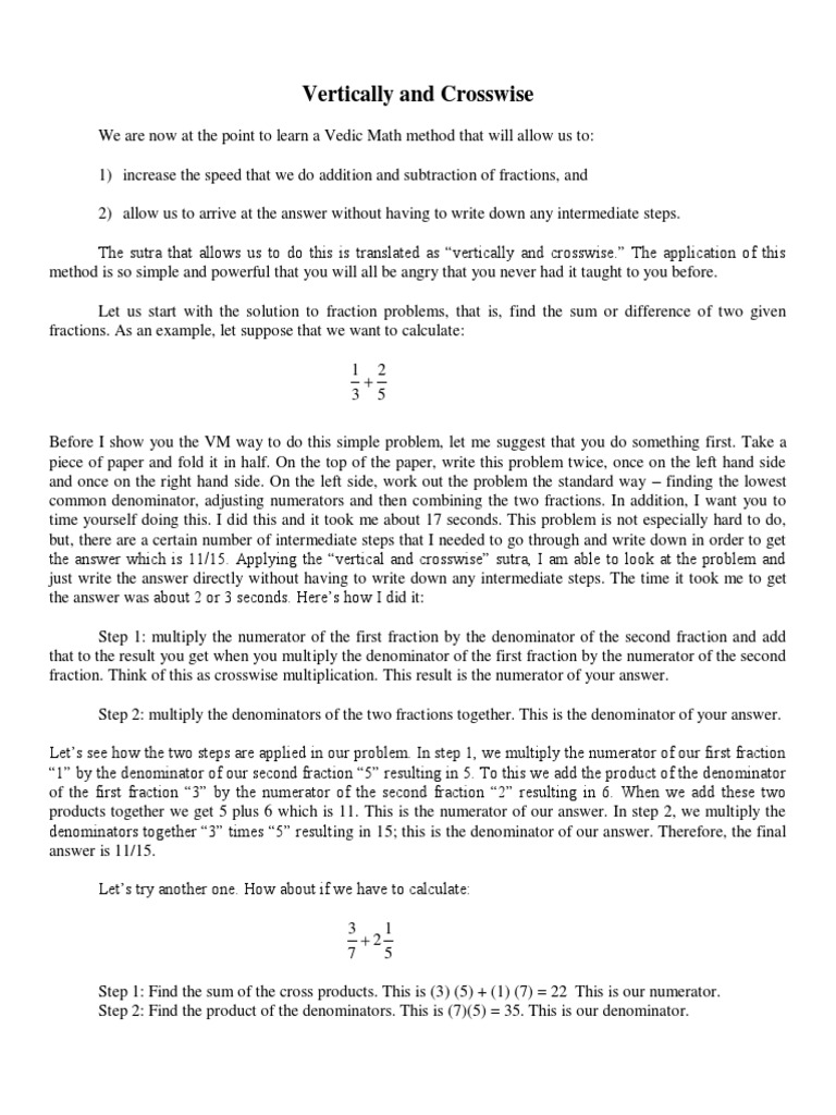 3rd Vedic Math Sendout - Vertically and Crosswise Part I - Fractions ...