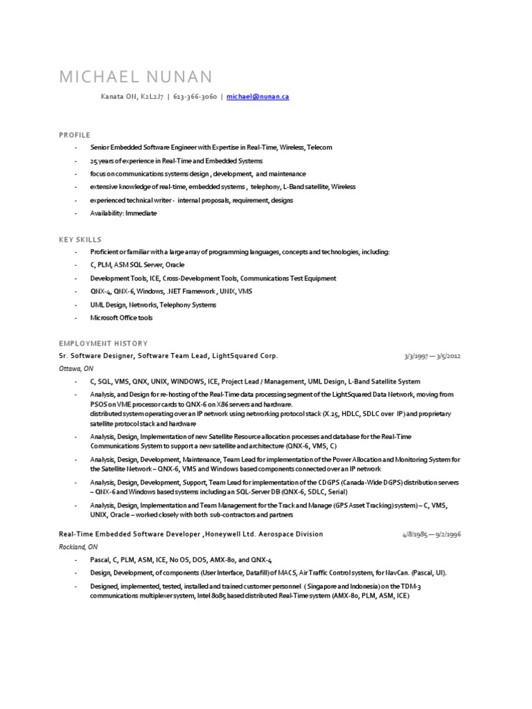 Senior Embedded Software Engineer in Ottawa Canada Resume Michael Nunan ...
