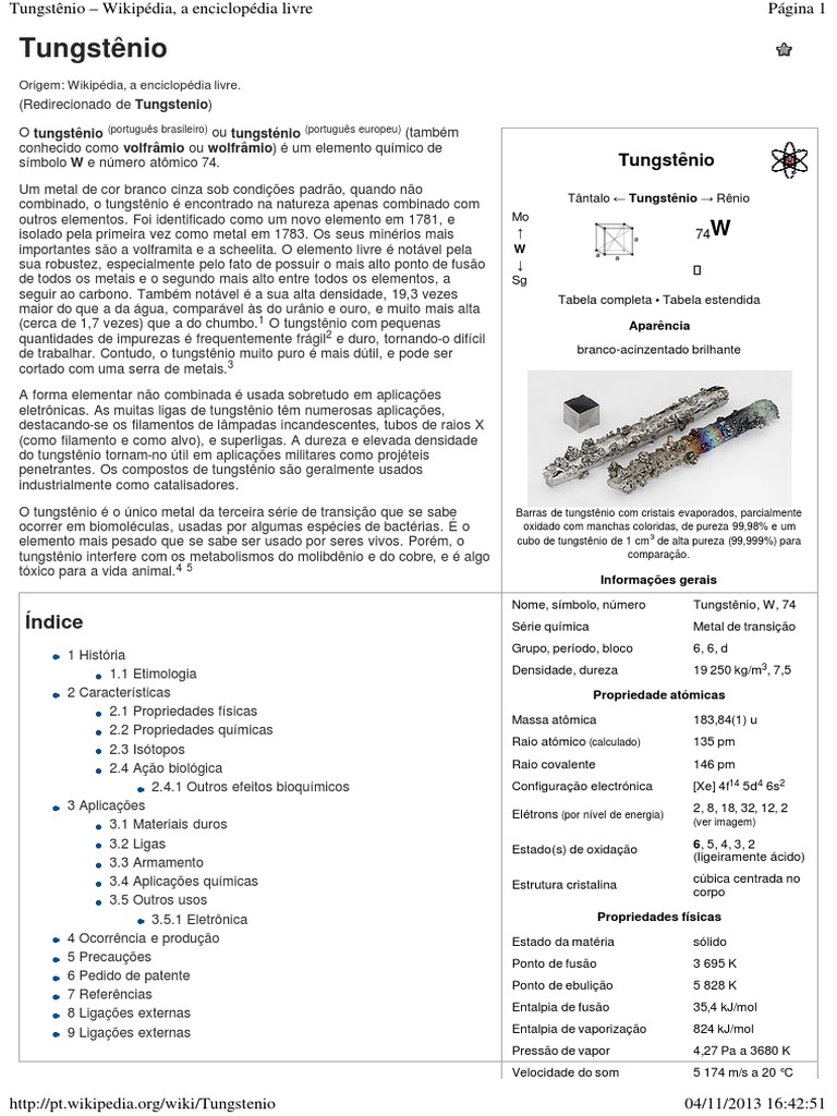Tungstênio – Wikipédia, a enciclopédia livre | Tungstênio | Grupos de ...