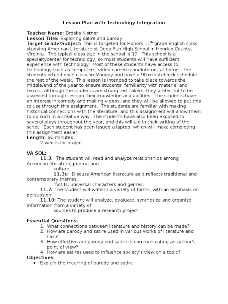 Parody Satire Lesson Plan | PDF | Lesson Plan | Satire
