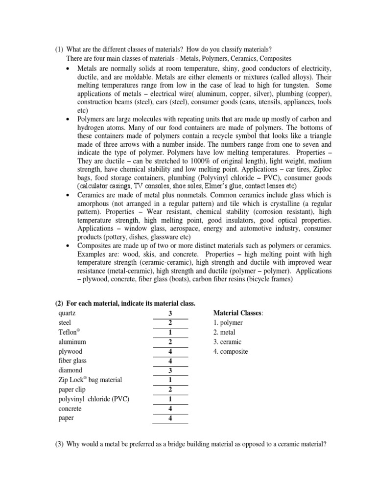 For Each Material, Indicate Its Material Class. 3 Material Classes: 2 1 ...