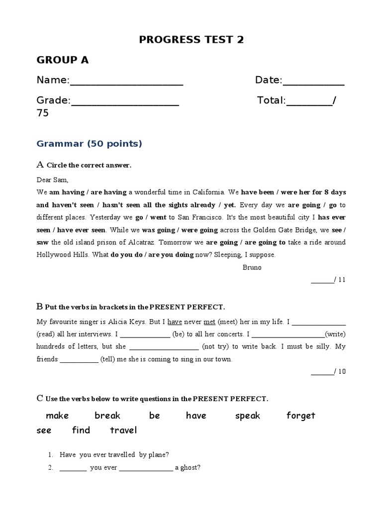 Progress Test 2: Grammar & Vocabulary | PDF | Languages