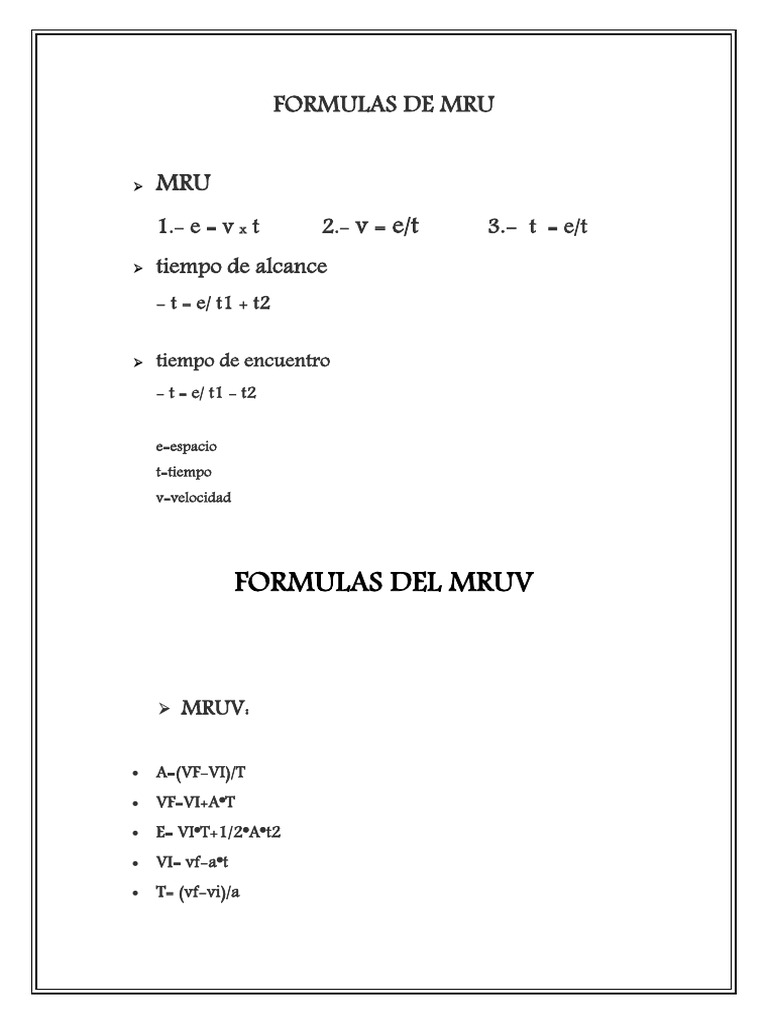 Formulas de Mru | PDF | Métodos y materiales de enseñanza