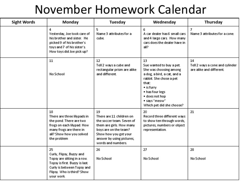 November Homework Calendar Activities | PDF