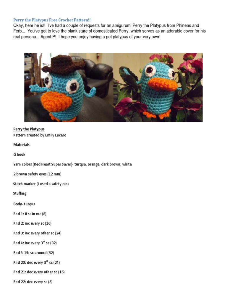 Perry The Platypus Free Crochet Pattern | PDF | Crafts | Needlework