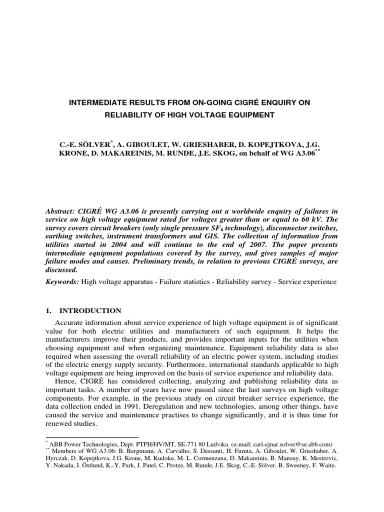 INTERMEDIATE RESULTS FROM CIGRÉ ENQUIRY ON HV EQUIPMENT | PDF | Transformer | Reliability ...