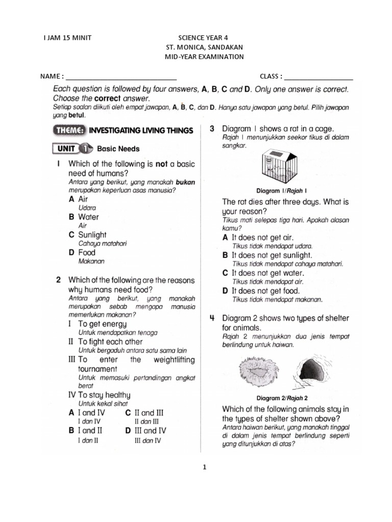 Year 4 Science Mid-Year Exam Paper | PDF