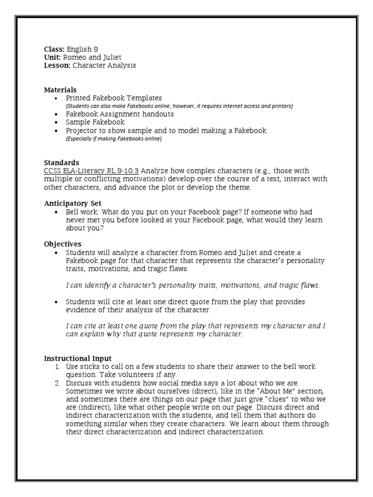 04 RJ Fakebook Template With Directions | PDF | Cognition | Communication