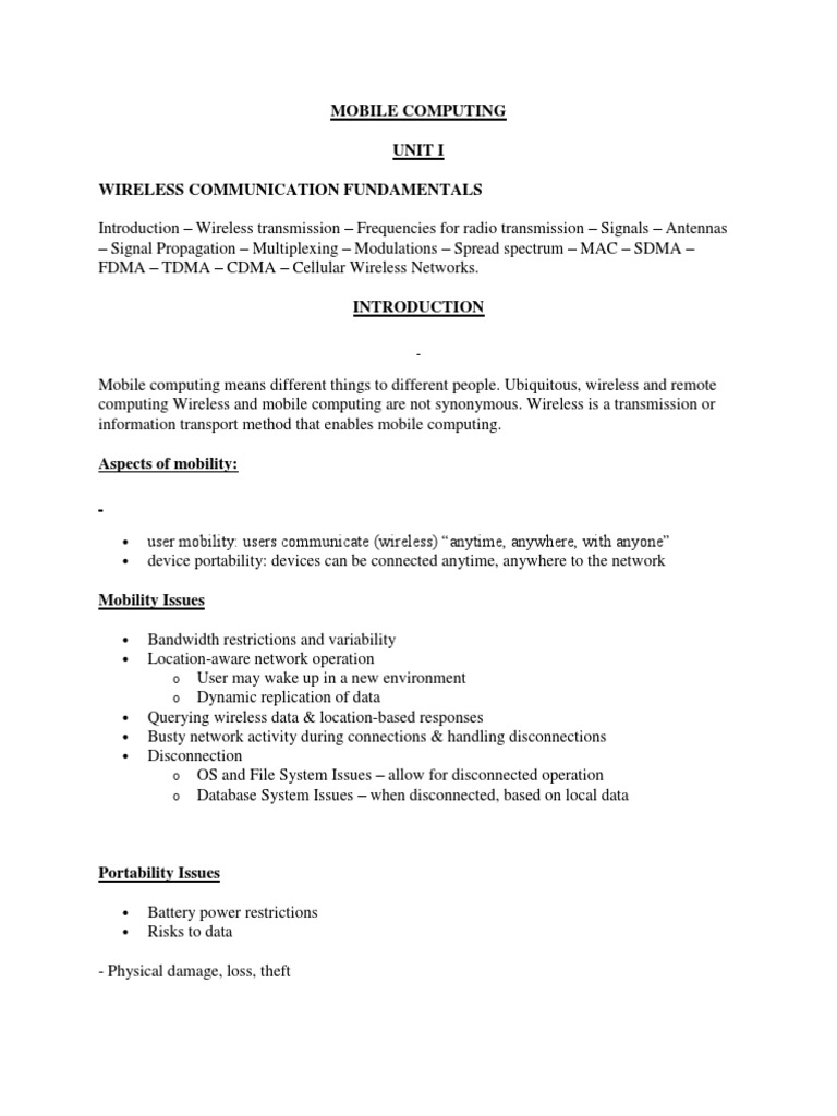 Mobile Computing Unit I Wireless Communication Fundamentals Pdf