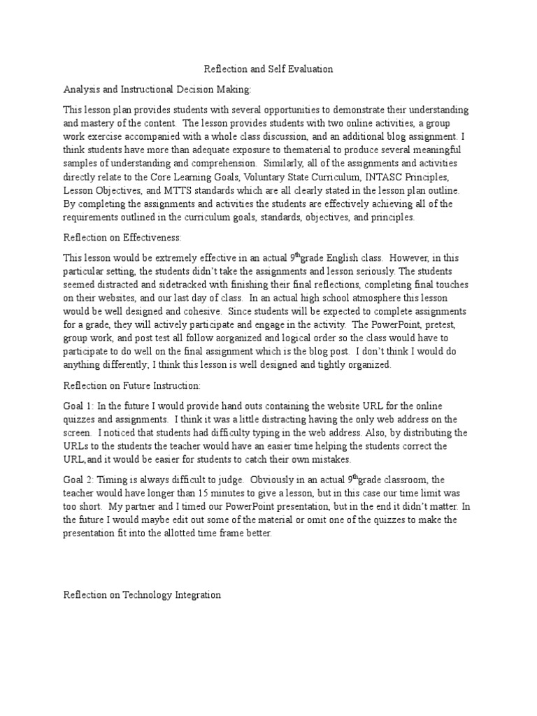 Reflection and Self Evaluation | Quiz | Lesson Plan