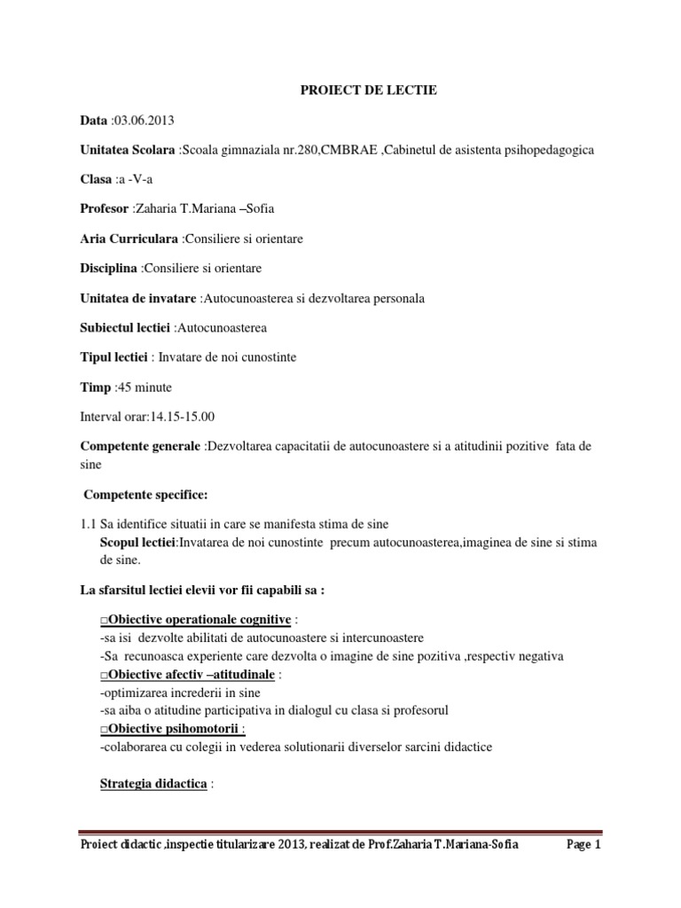 Proiect de Lectie Autocunoasterea | PDF