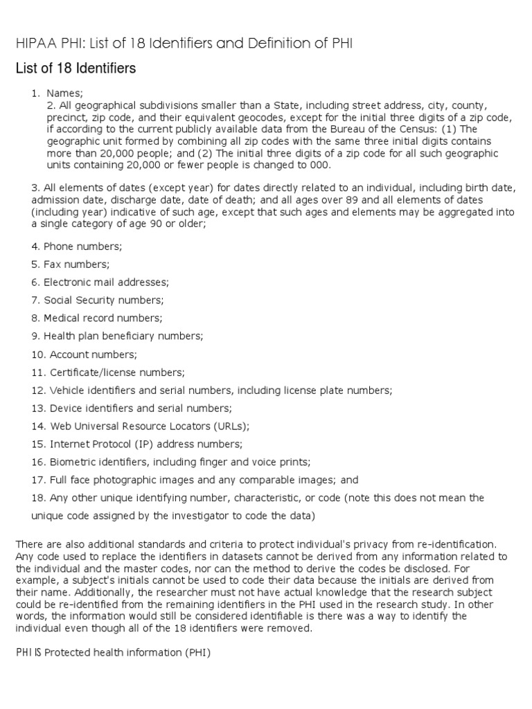 HIPAA PHI List - 18 Identifiers and Definition | PDF | Identity ...