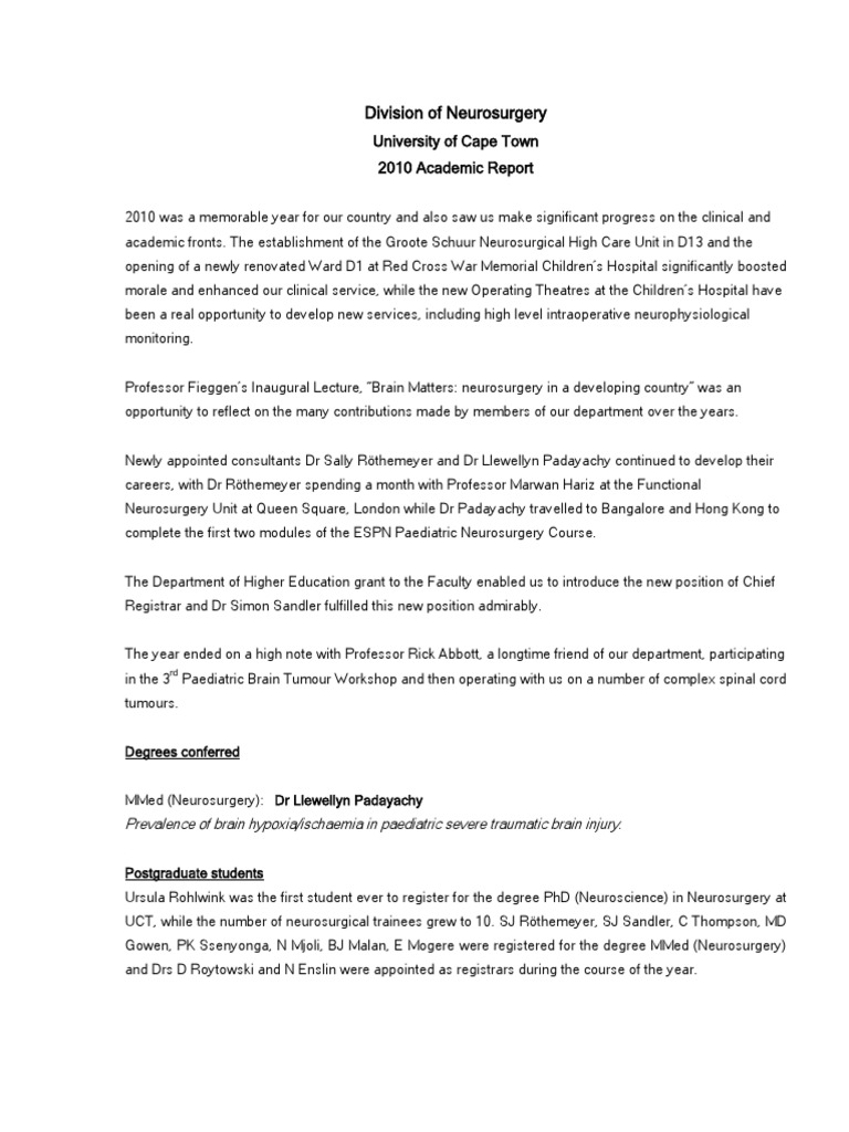 UCT Neurosurgery 2010 Academic Report | PDF | Neurosurgery | Traumatic ...