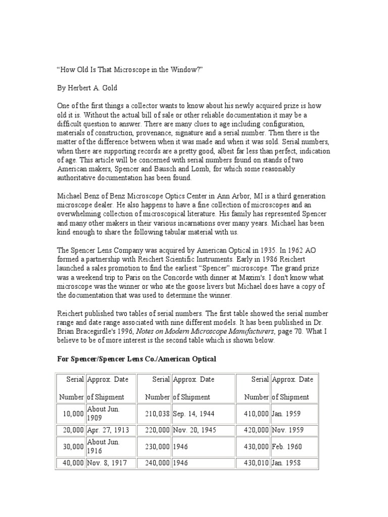 Spencer Microscope Serial Numbers Guide | PDF | Optics | Atomic