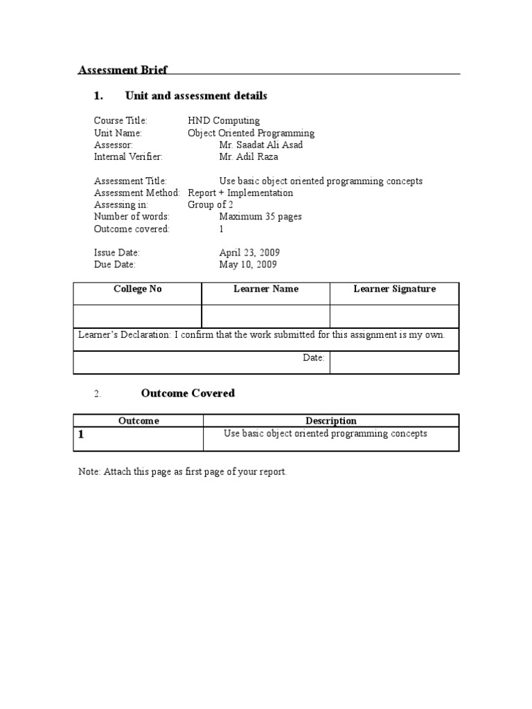 Assessment Brief 1. Unit and Assessment Details: College No Learner ...