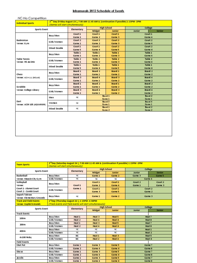 Intramural Events Matrix With Venue | PDF | Track And Field | Sports