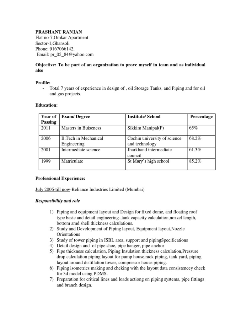 Prashant Ranjan: Mechanical Engineer Profile | PDF | Pipe (Fluid ...