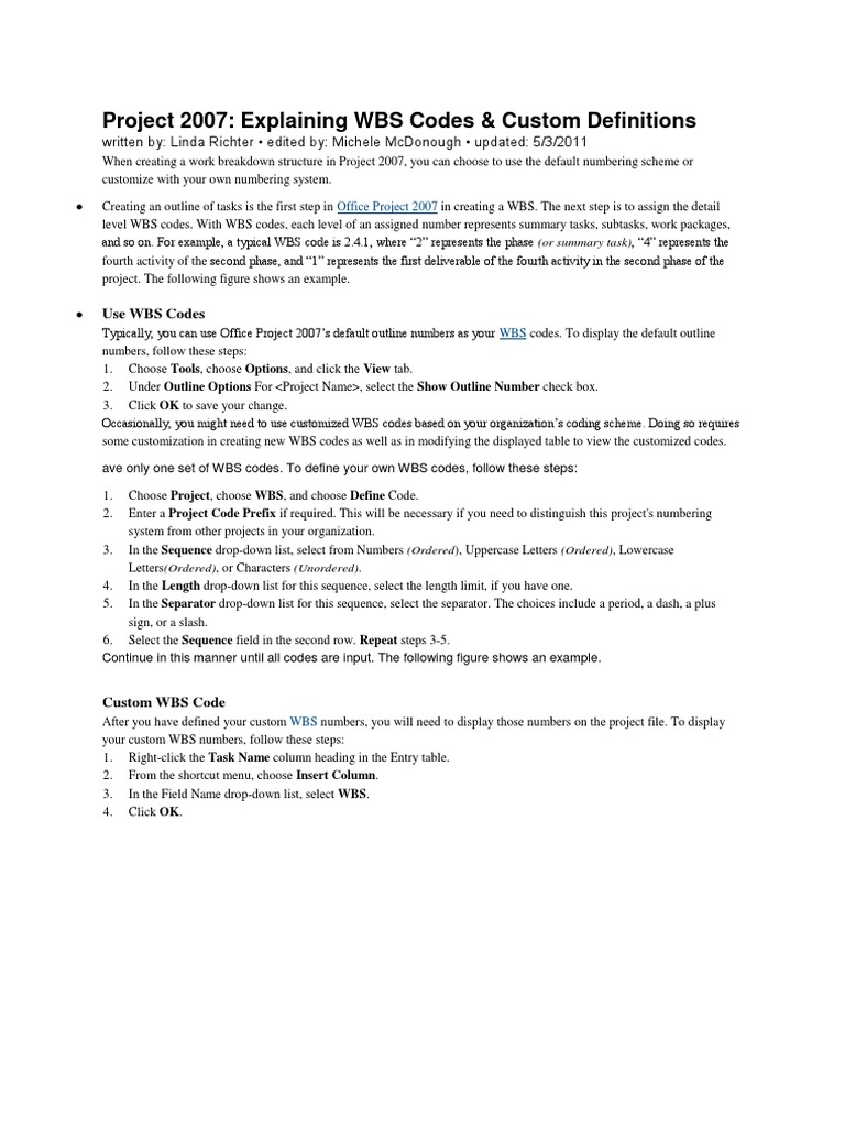 Project 2007: Explaining WBS Codes & Custom Definitions | PDF | Code ...