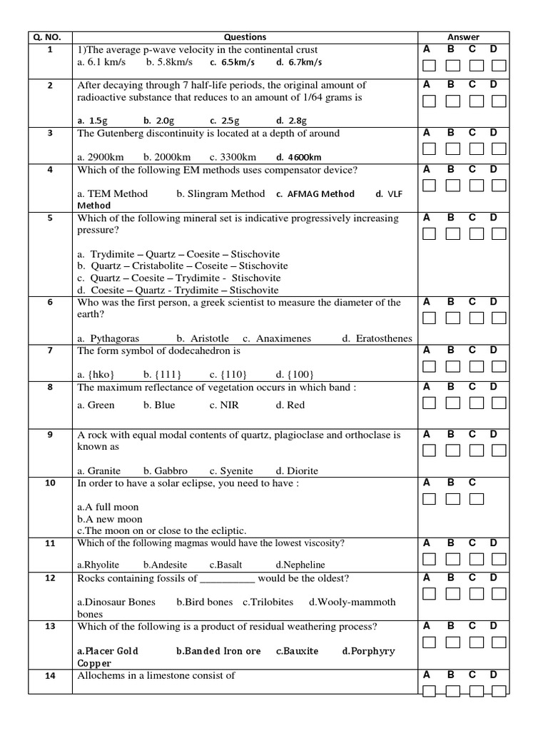 GEOS Question Paper | PDF | Rock (Geology) | Minerals