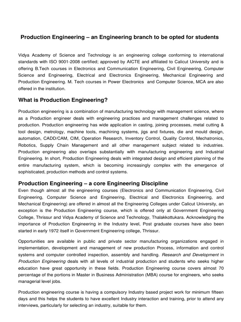 Overview of Production Engineering Careers | PDF | Engineering ...