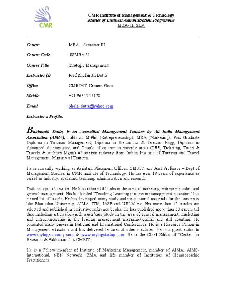 Course Outline Strategic Managemnet Prof Dutta Pdf Strategic