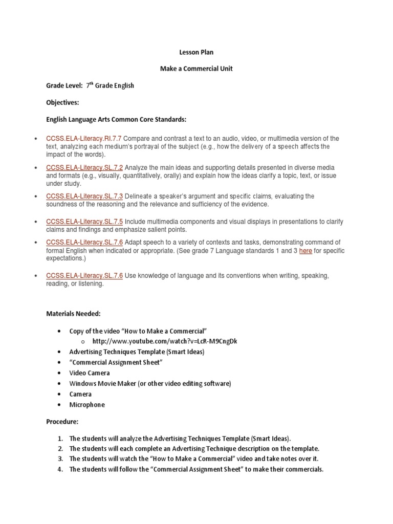 Making A Commercial Lesson Plan | PDF