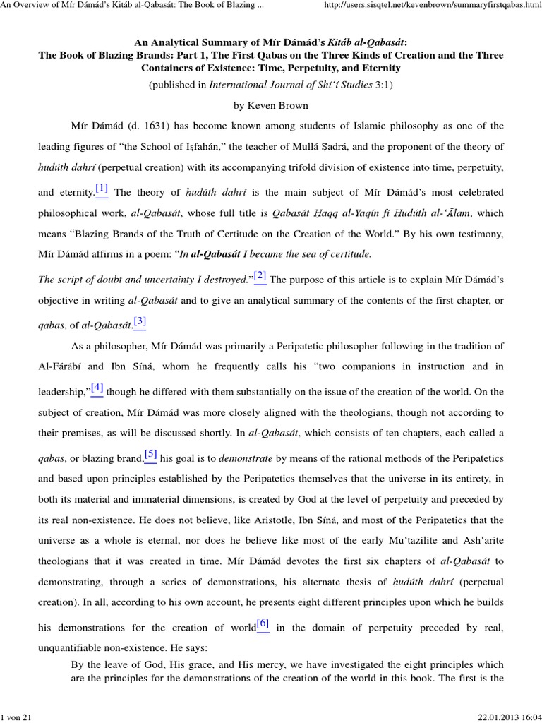 An Overview of Mír Dámád's Kitáb Al-Qabasát The Book of Blazing Brands ...
