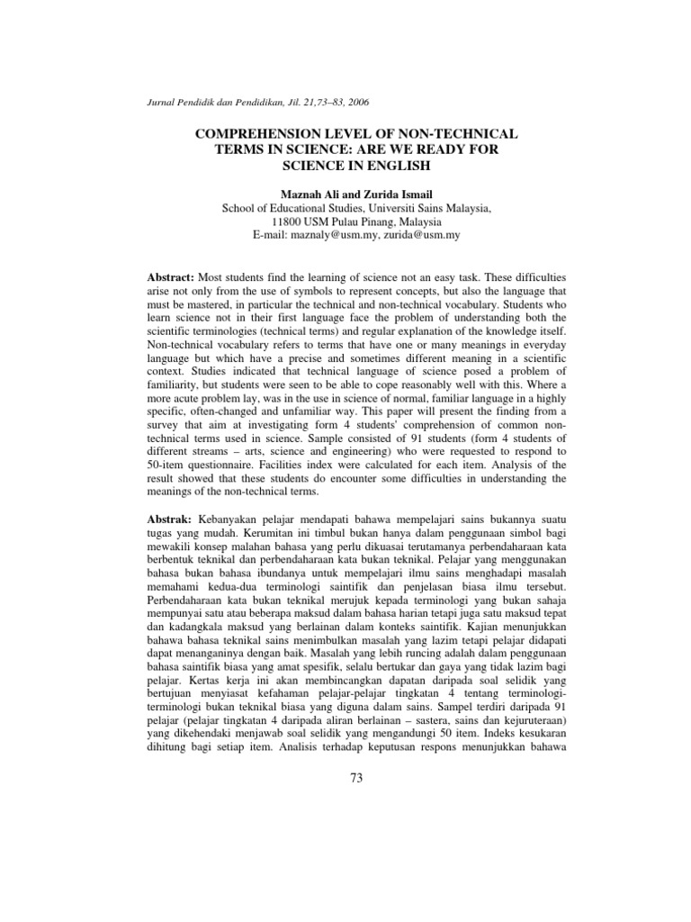 Comprehension Level of Non-Technical Terms in Science: Are We Ready For ...