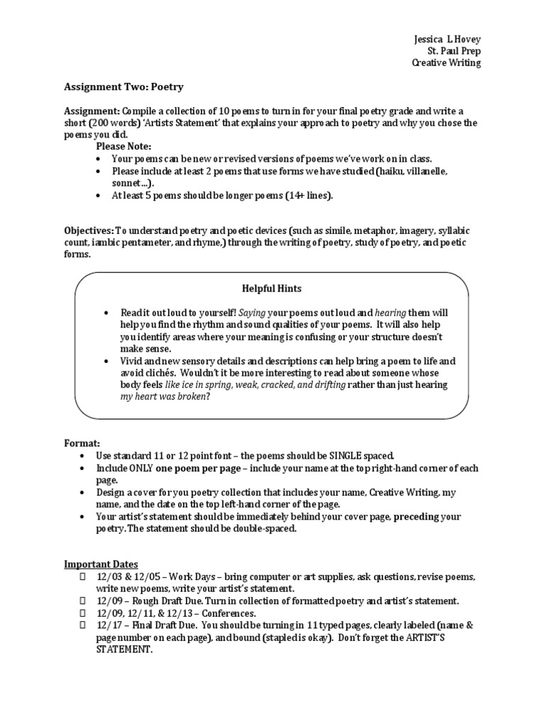 Poetry Collection Assignment Guide | PDF | Art | Poetry