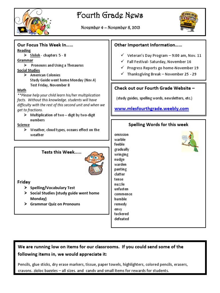 November 4 - 8 Fourth Grade Newsletter | PDF
