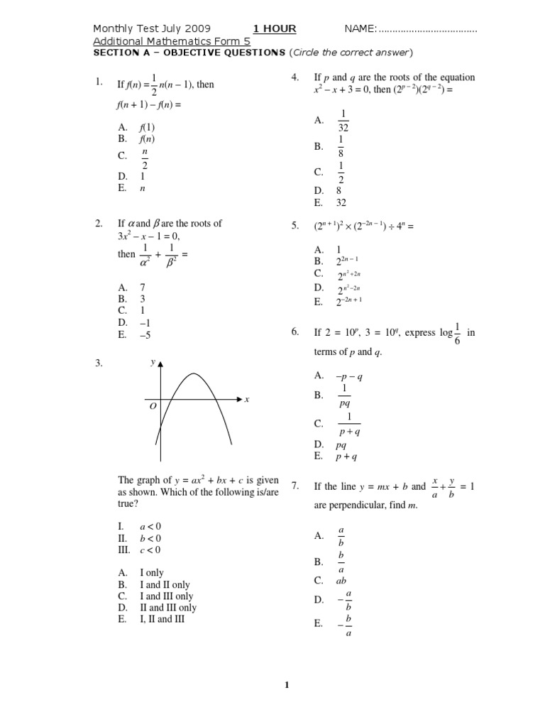 Add Maths Form 5 Monthly Test July 2009 | PDF | Quadratic Equation ...
