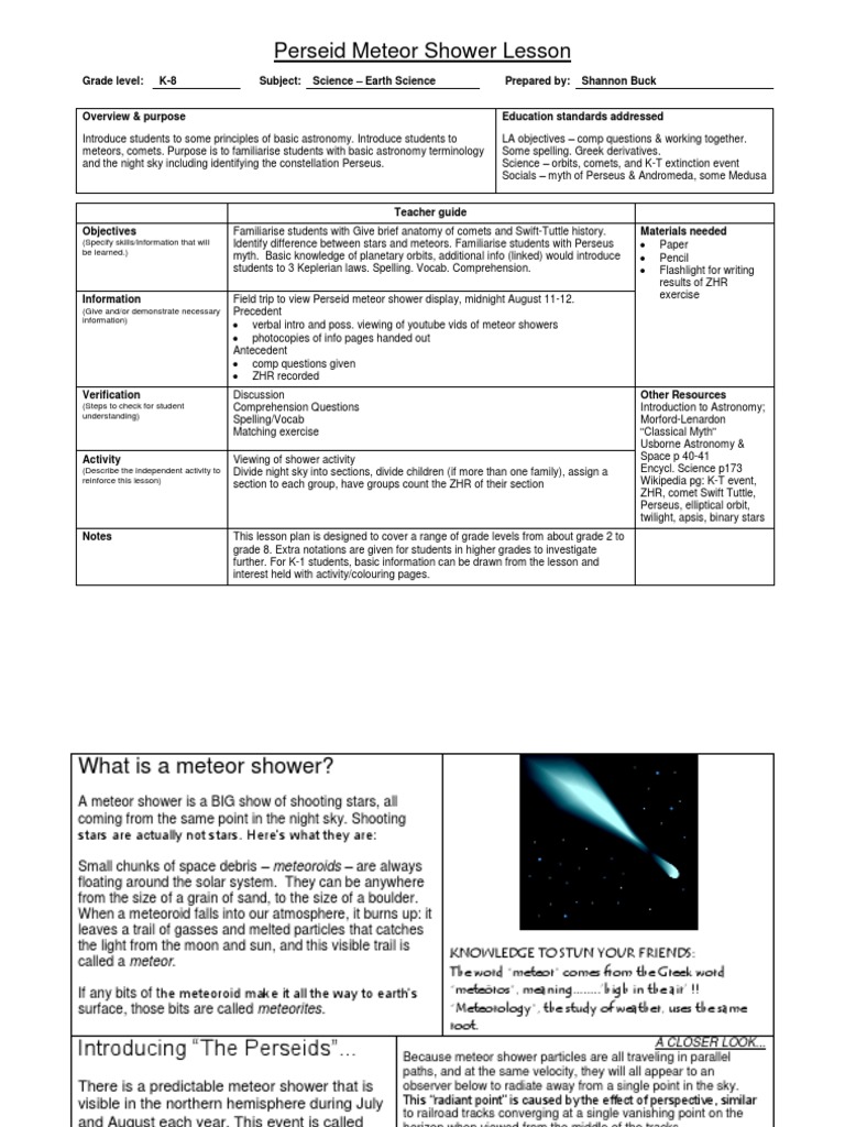 ITF-Perseid Meteor Shower Lesson Plan | PDF | Twilight | Meteoroid