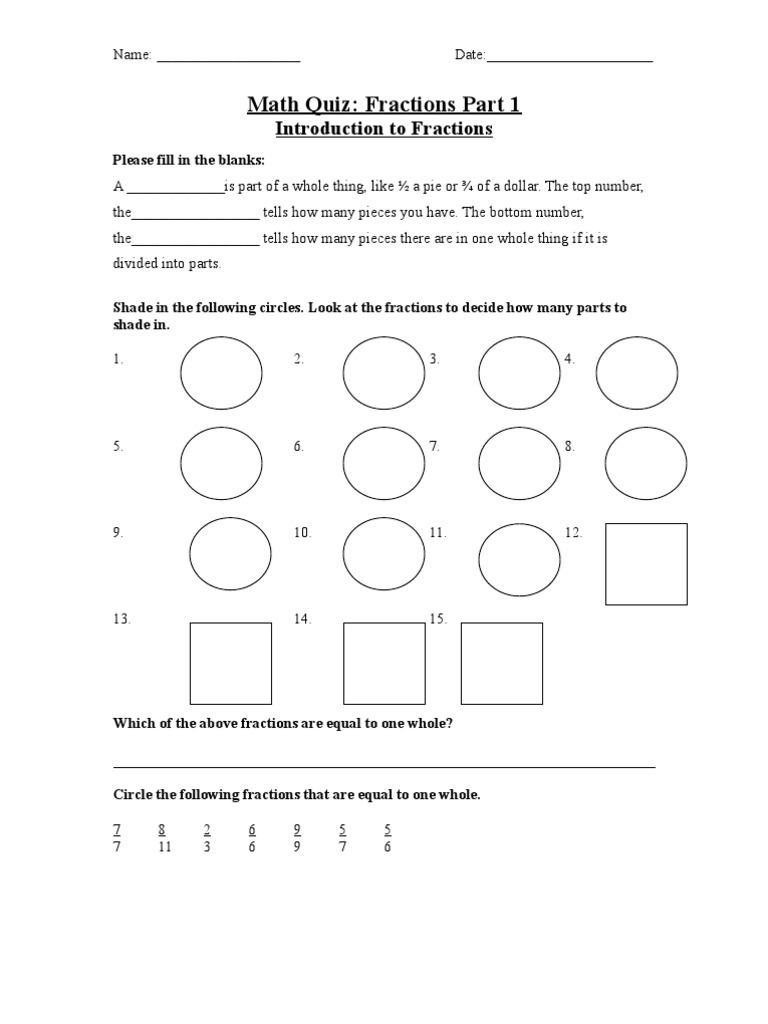 Math Fractions Quiz 1 | PDF | Fraction (Mathematics) | Division ...