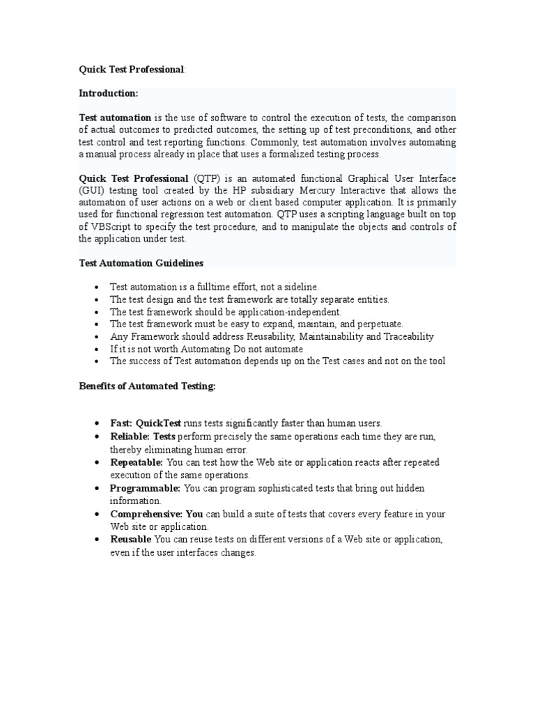 Quick Test Professional: Introduction: Test Automation Is The Use of | PDF