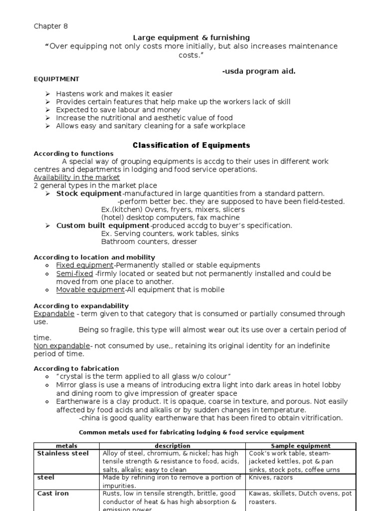 Chapter 8 Large Equipment & Furnishing "Over Equipping Not Only | PDF ...