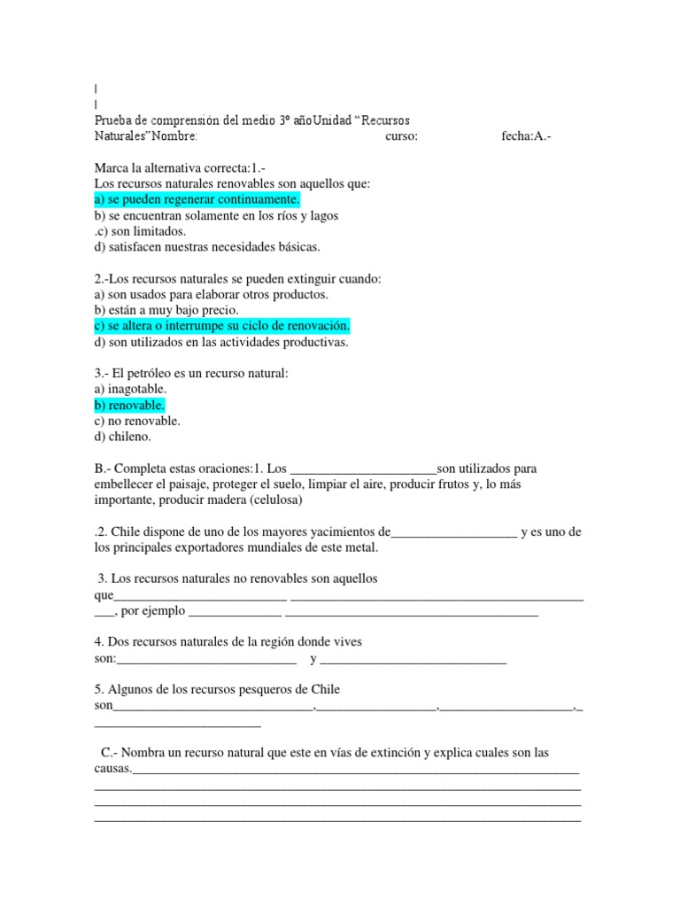 Prueba De Recursos Naturales Y Artificiales Pdf Los Bosques Agricultura
